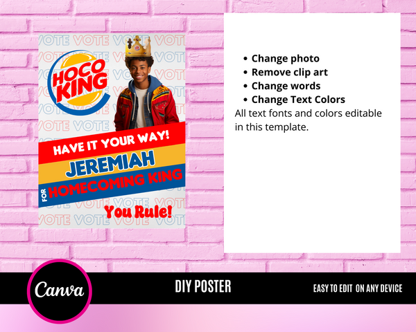 HOCO King Campaign Poster - School – Pink Palace Designs